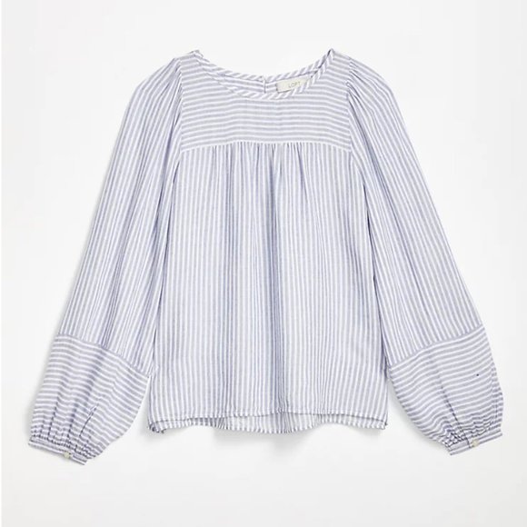 LOFT | Tops | Loft Striped Shirred Blouse Effortlessly Chic In Blue And White Stripes | Poshmark